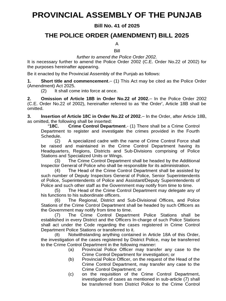 (41 of 2025) The Police Ordr (Amendment) Bill 2025 (Home) | PDF | Kidnapping | Crimes