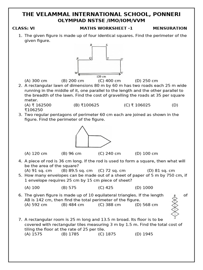 Class VI Maths Mensuration Worksheet | PDF | Length | Area