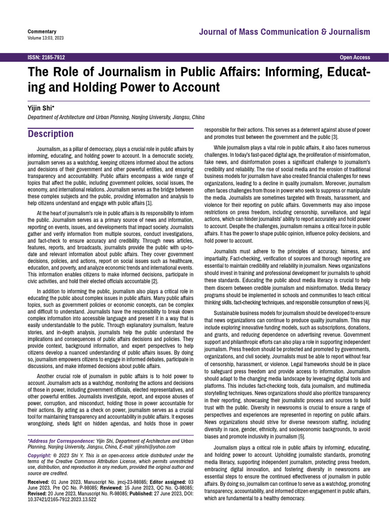 The Role of Journalism in Public Affairs Informing Educating and ...