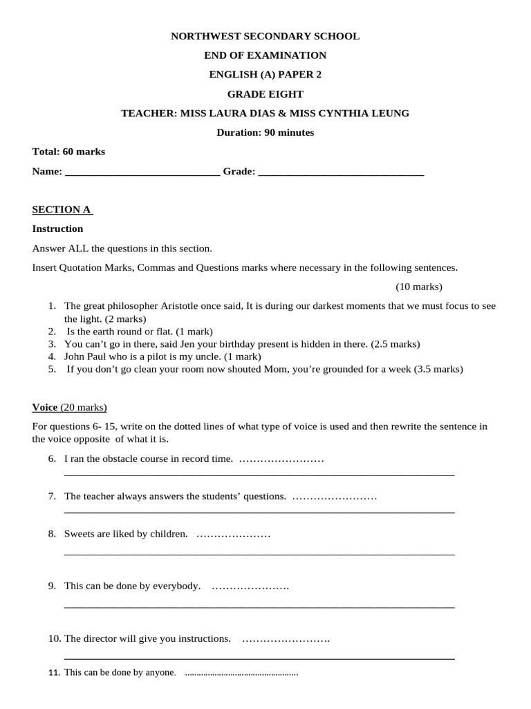 Grade 8 English Exam Paper 2 | PDF