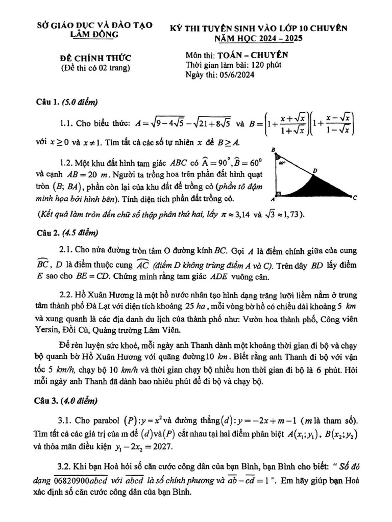 De Tuyen Sinh Lop 10 Chuyen Mon Toan Chuyen Nam 2024 2025 So GDDT Lam Dong | PDF