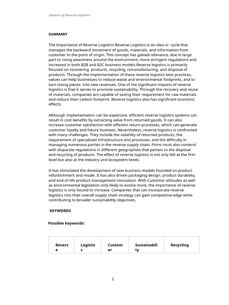 Impacts of Reverse Logistics Full Draft Review | PDF | Logistics | Reuse