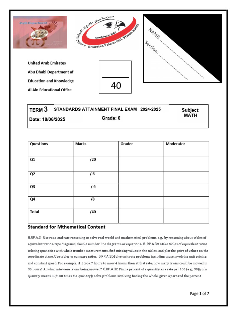 Grade 6 - Final Exam Term 3 | PDF | Ratio | Mathematics