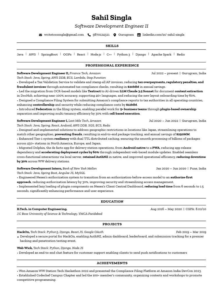 Sahil Singla Resume April 2025 | PDF | Software Development | Computer Engineering