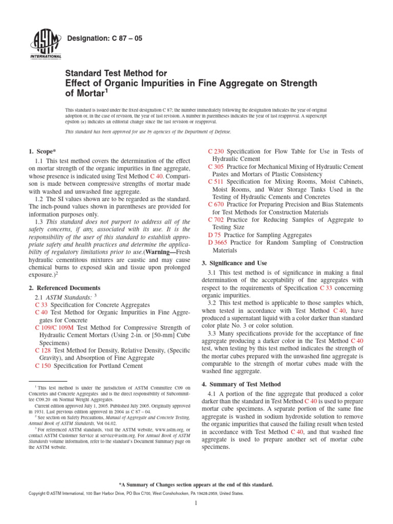 Astm C 87 05 | PDF | Concrete | Mortar (Masonry)