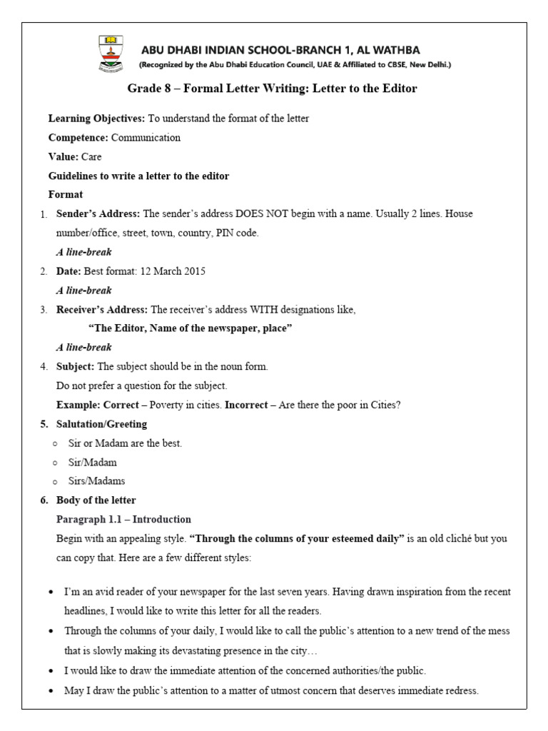 Letter to the Editor: Class 8 Guide | PDF