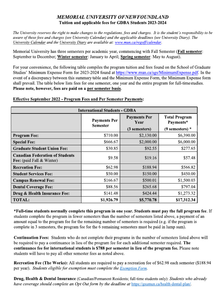GDBA Memorial Tuition Break Down | PDF