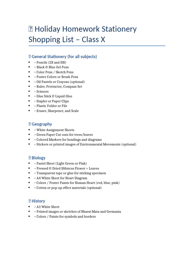 Class X Holiday Homework Stationery List | PDF