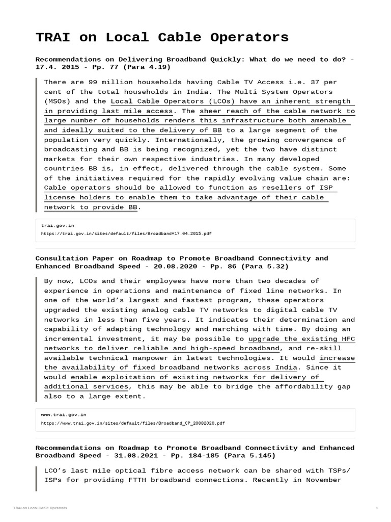 TRAI Recommendations for Cable Operators | PDF | Cable Television ...