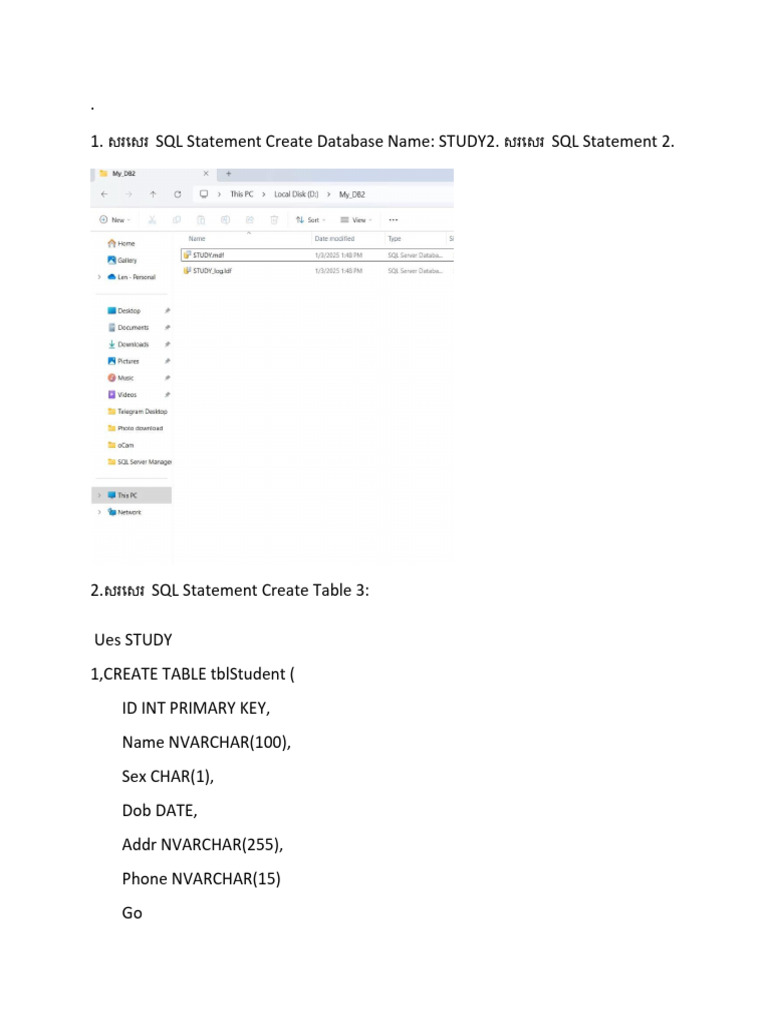 SQL Statement Create Database Name: STUDY2. SQL Statement 2 | PDF