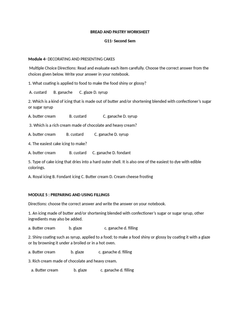 Bread and Pastry Worksheet | PDF | Cakes | Icing (Food)