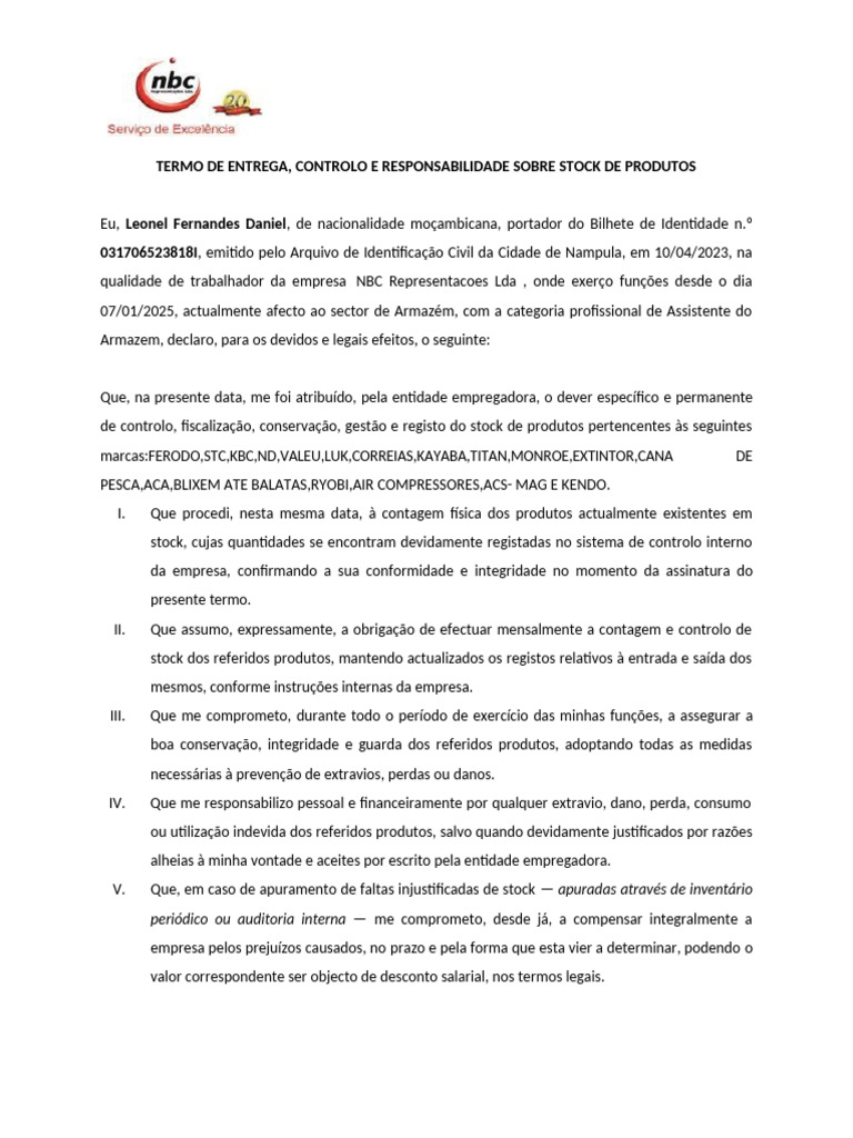 Termo de Entrega e de Responsabilidade.300525 - Leonel | PDF
