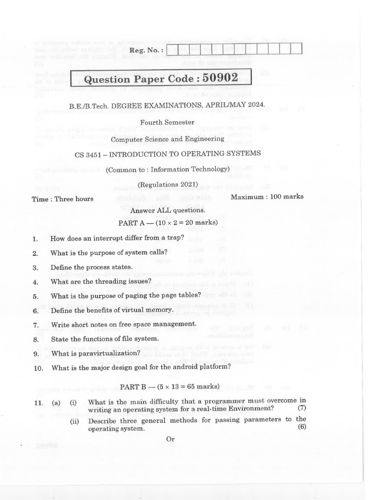 Introduction To Operating Systems - CS3451 2021 Regulation - Semester Question Paper 2024 April ...