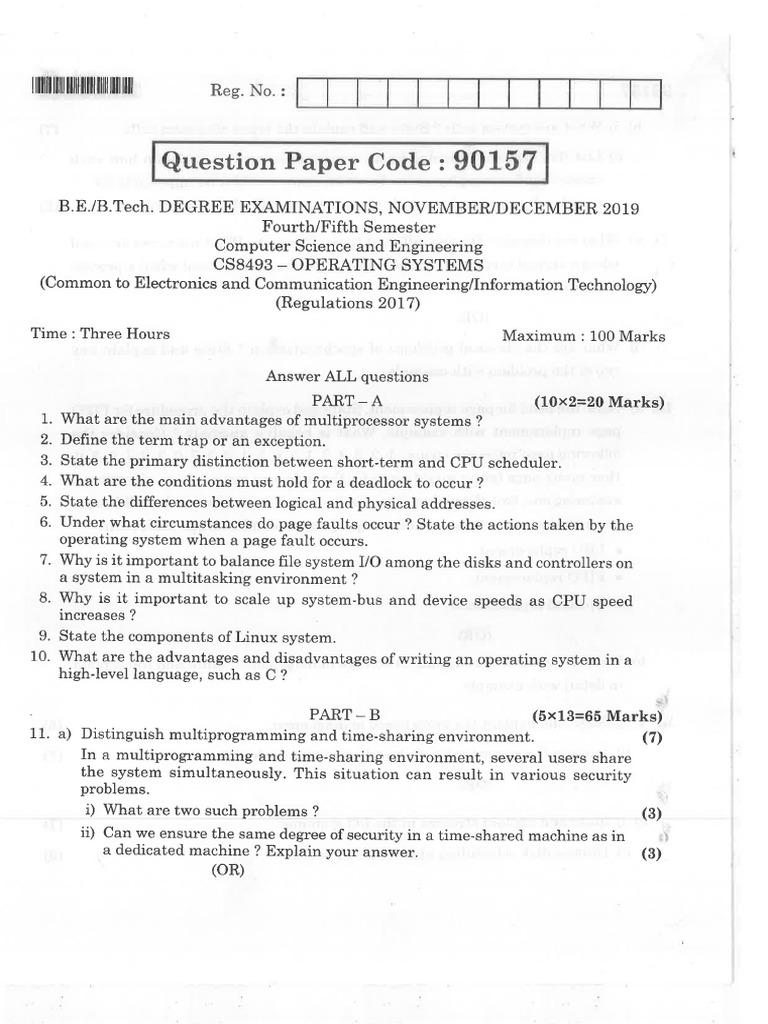 Operating Systems - CS8493 2017 Regulation - Semester Question Paper 2019 Nov Dec | PDF ...