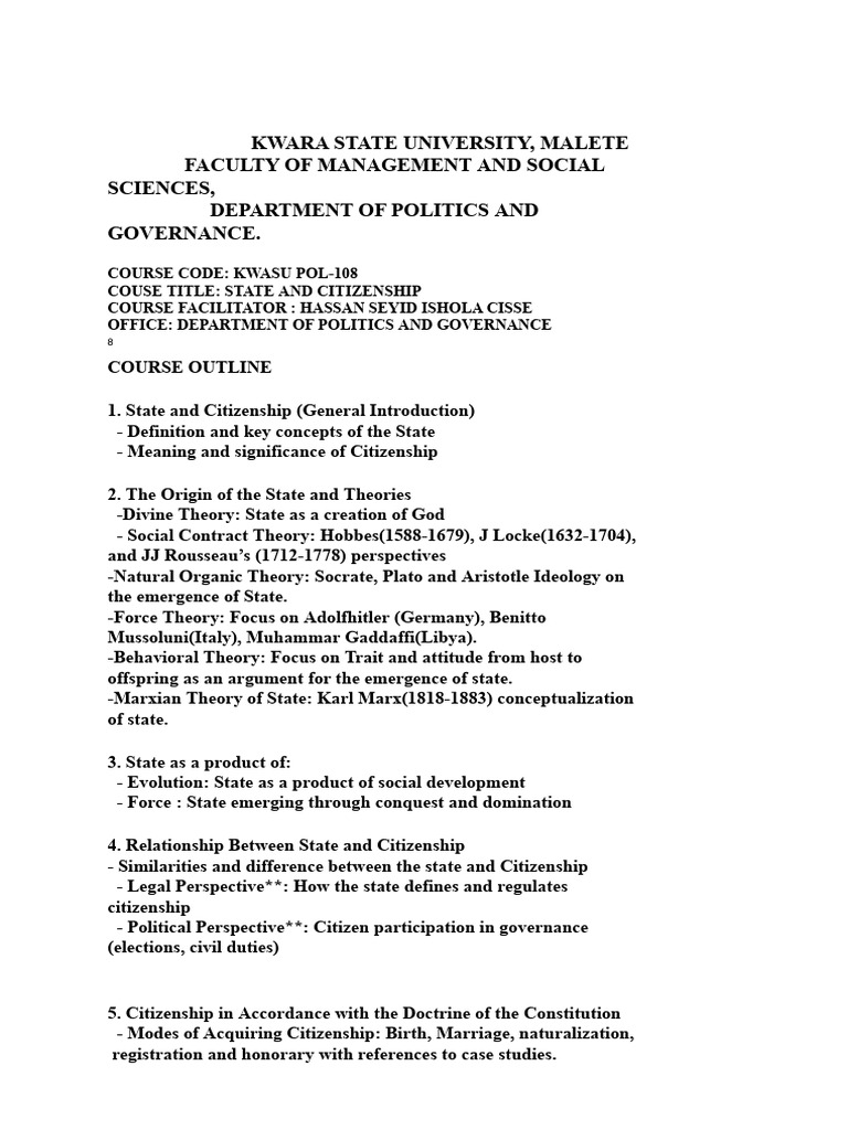 Kwasu Pol-108 (State and Citizenship) Course Outline | PDF