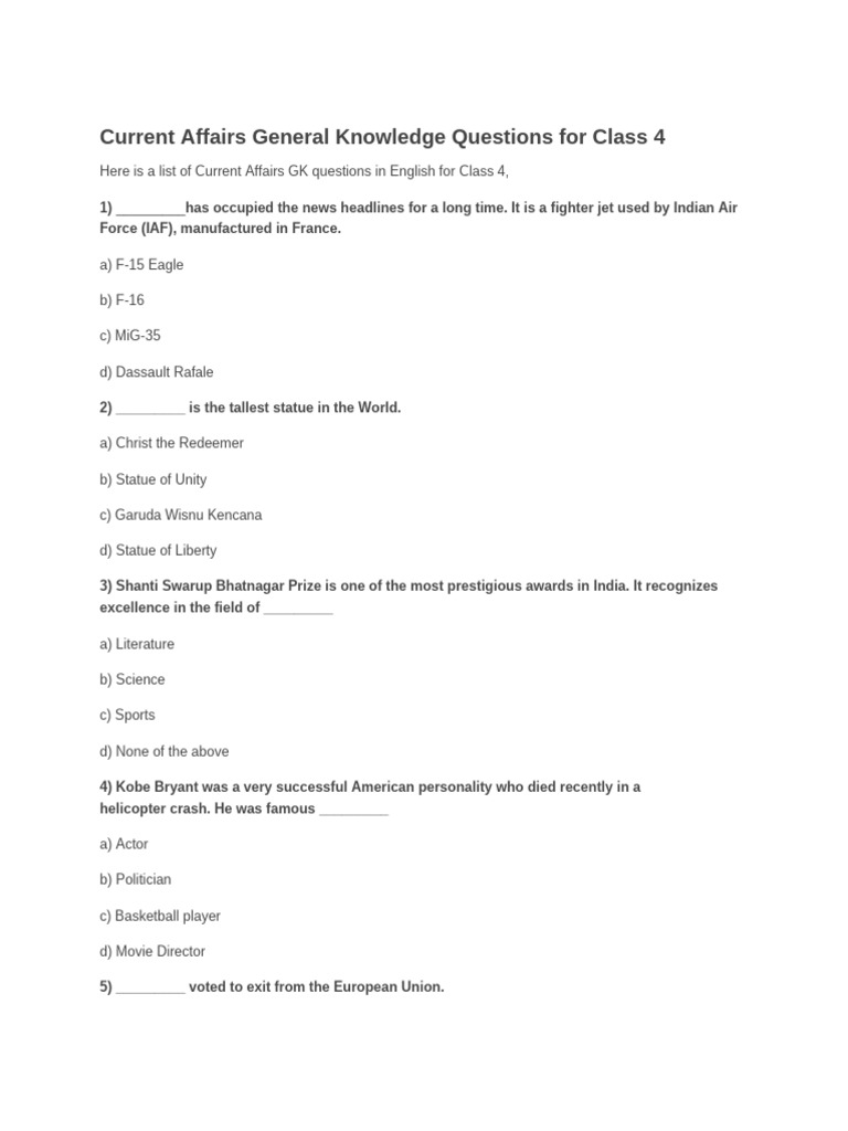 Current Affairs GK for Class 4 | PDF