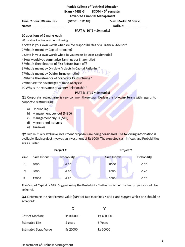 MSE - 3 - BCOM - Question Paper Approved | PDF | Net Present Value | Corporations