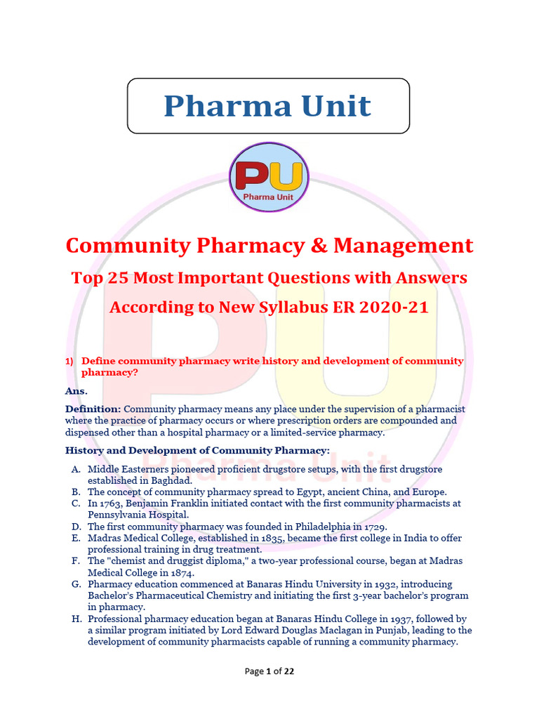 CommunityPharmacy& Management (CPM) Full Notes | PDF | Medical ...