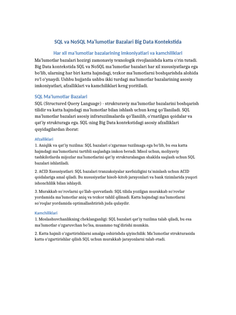 Expanded SQL Vs NoSQL BigData Context | PDF