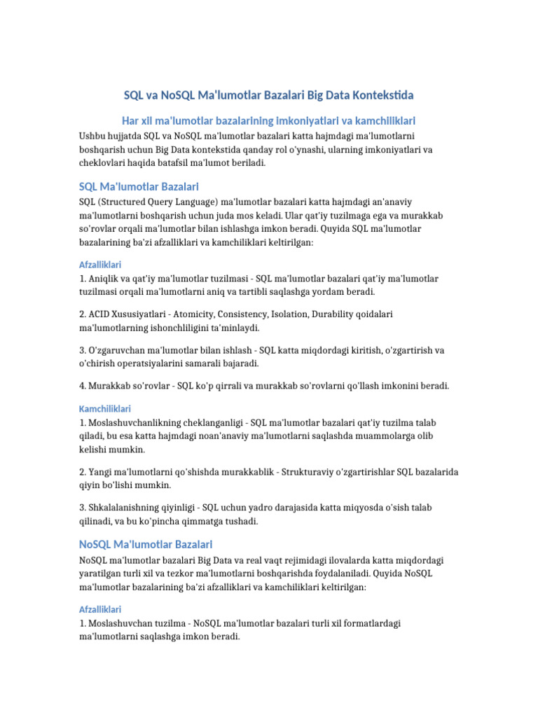 SQL Vs NoSQL BigData Context | PDF