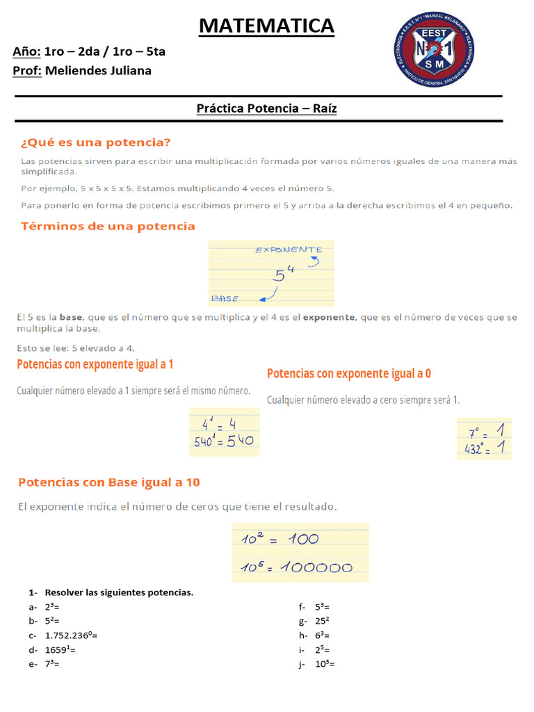 4 Practica Potencia Raiz 1ro 2da 1ro 5ta 2025 | PDF