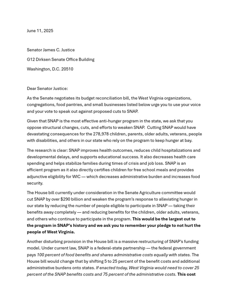 Letter To Senator Justice To Protect Snap | PDF | Supplemental ...