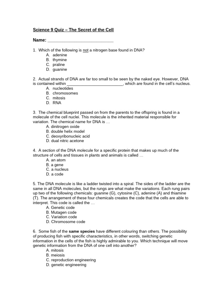 Science 9 Quiz: Cell and DNA Basics | PDF