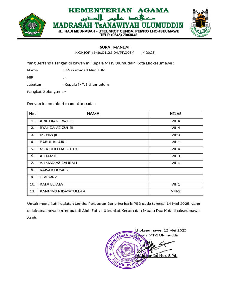 Contoh Surat Mandat Kegiatan Siswa | PDF