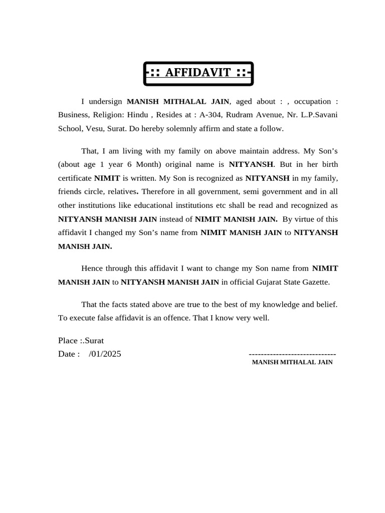 Name Change Affidavit for Nityansh | PDF