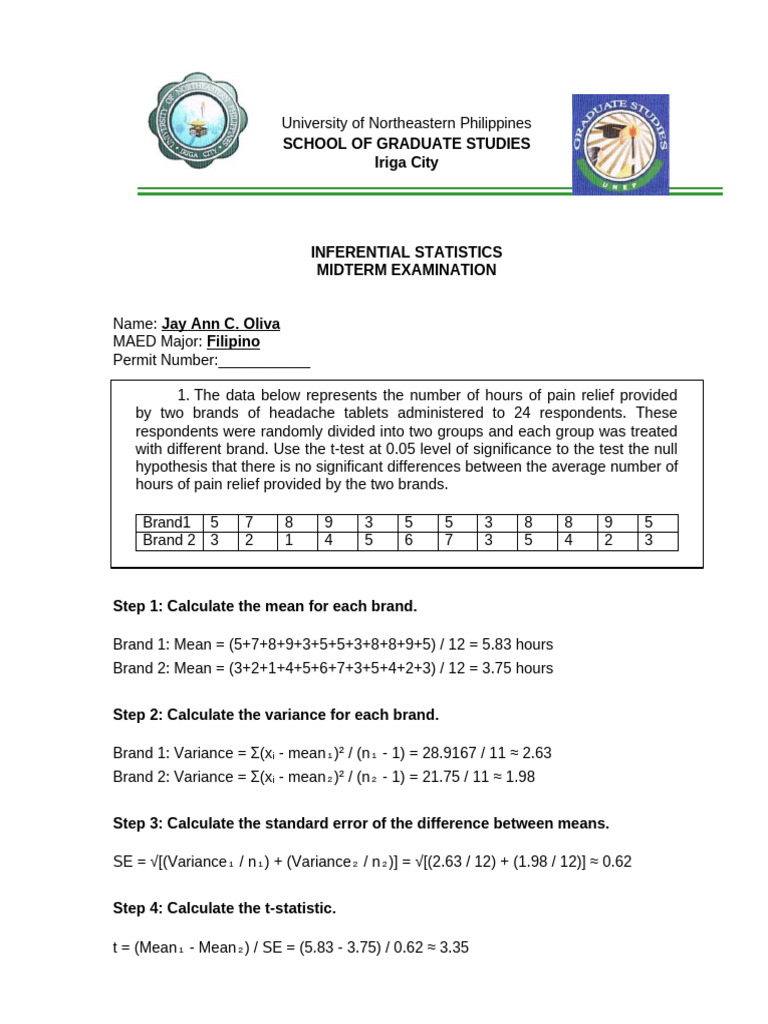 Midterm Exam Inferential Statistics | PDF | P Value | Statistical Significance