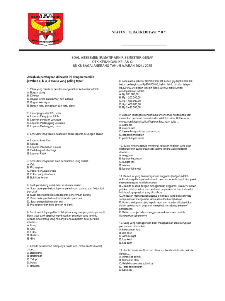 Soal Otk Keuangan Xi Pat 2025 | PDF