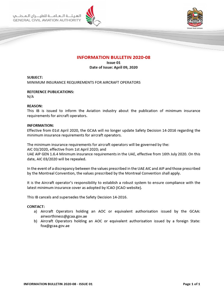 Information Bulletin 2020-08 - Minimum Insurance Requirements For Aircraft Operators - Issue 01 ...