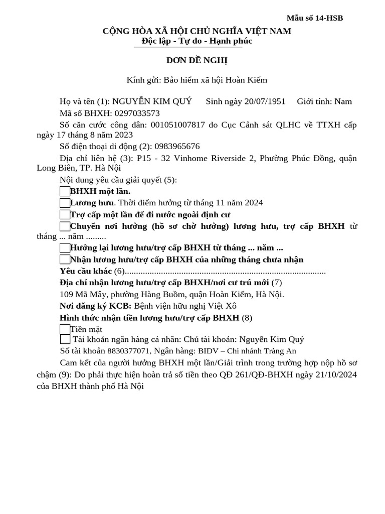 Mẫu 14-HSB QĐ686 Và 2-CBH | PDF