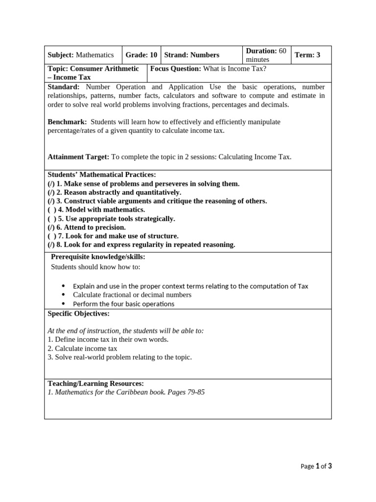 Income Tax Lesson Plan GR 10 22-23 | PDF | Mathematics | Taxes