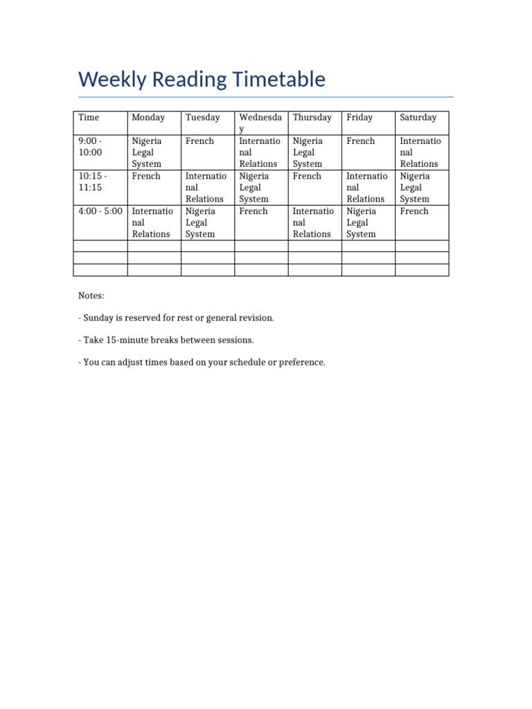 Weekly Reading Timetable | PDF