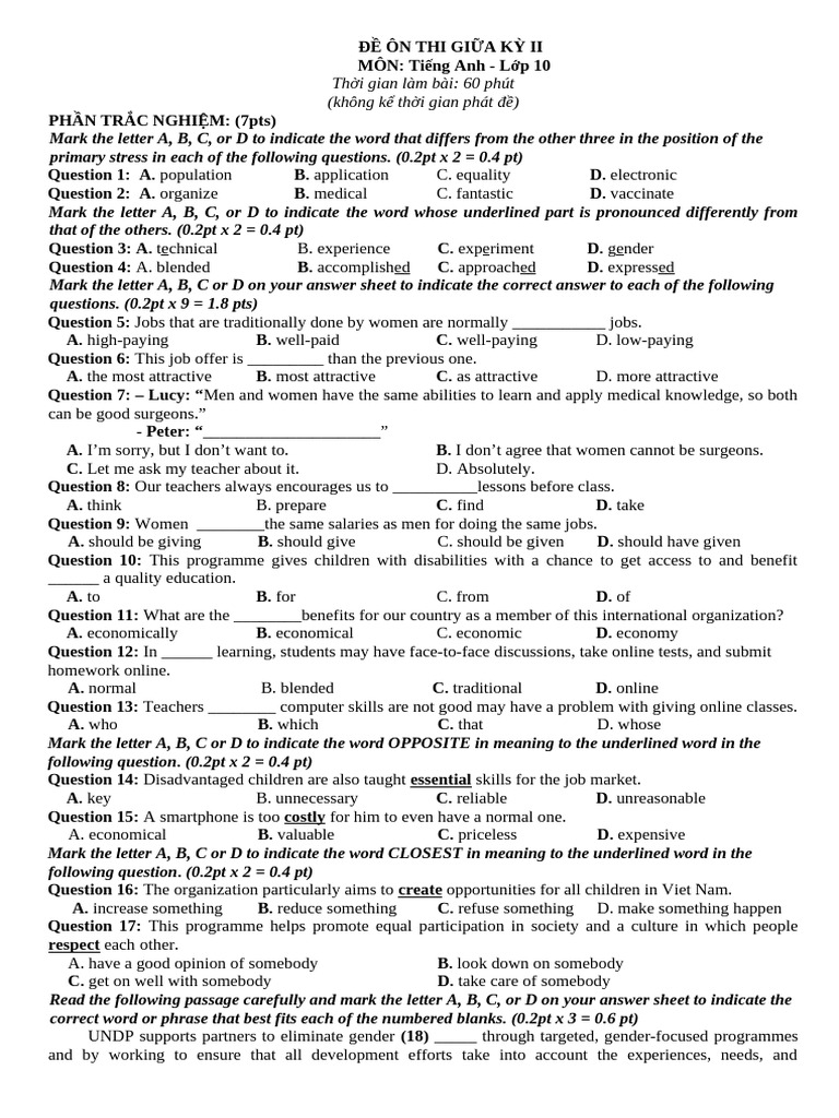Đề Ôn Tập Giữa HK2 - Anh 10 | PDF | Learning Styles | Learning