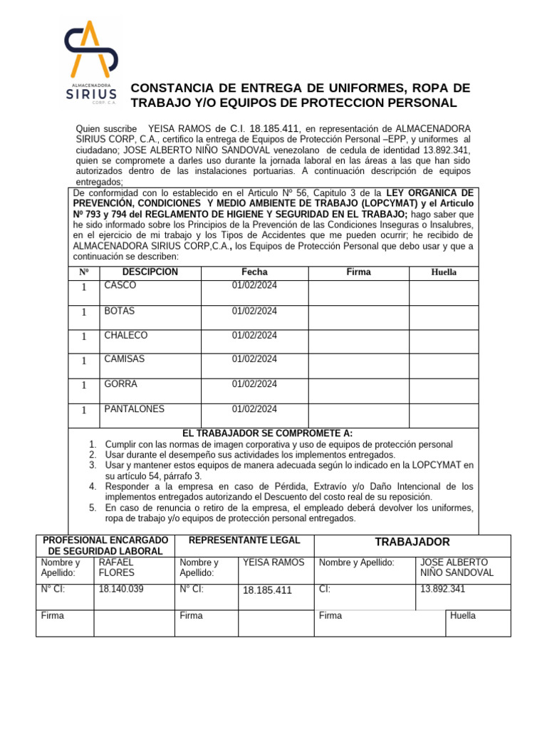 Formato de Dotacion Epp Sirius | PDF | Seguridad y salud ocupacional