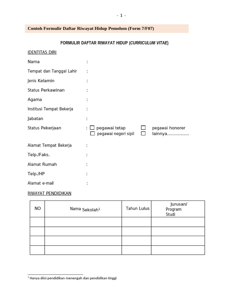 Formulir Daftar Riwayat Hidup Pemohon 0-2 | PDF