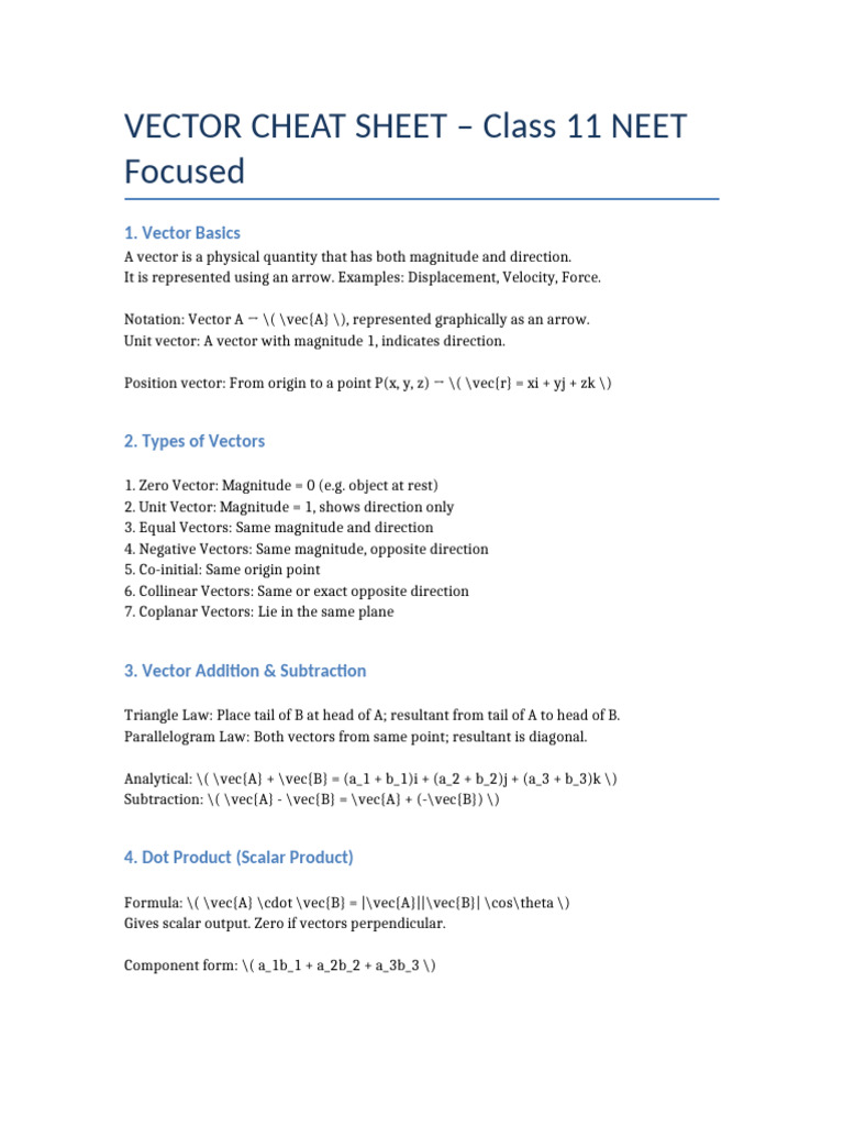 Vector Cheat Sheet Class11 NEET | PDF | Euclidean Vector | Force