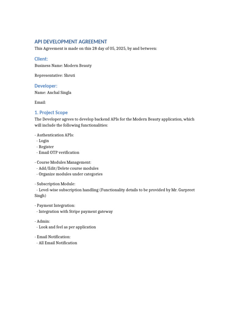 API Development Agreement ModernBeauty | PDF