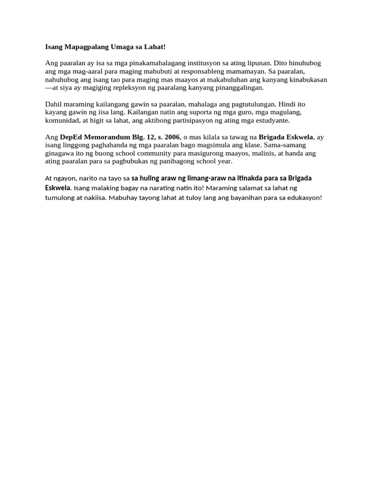 Script Para Sa Brigada Eskwela Closing Program | PDF