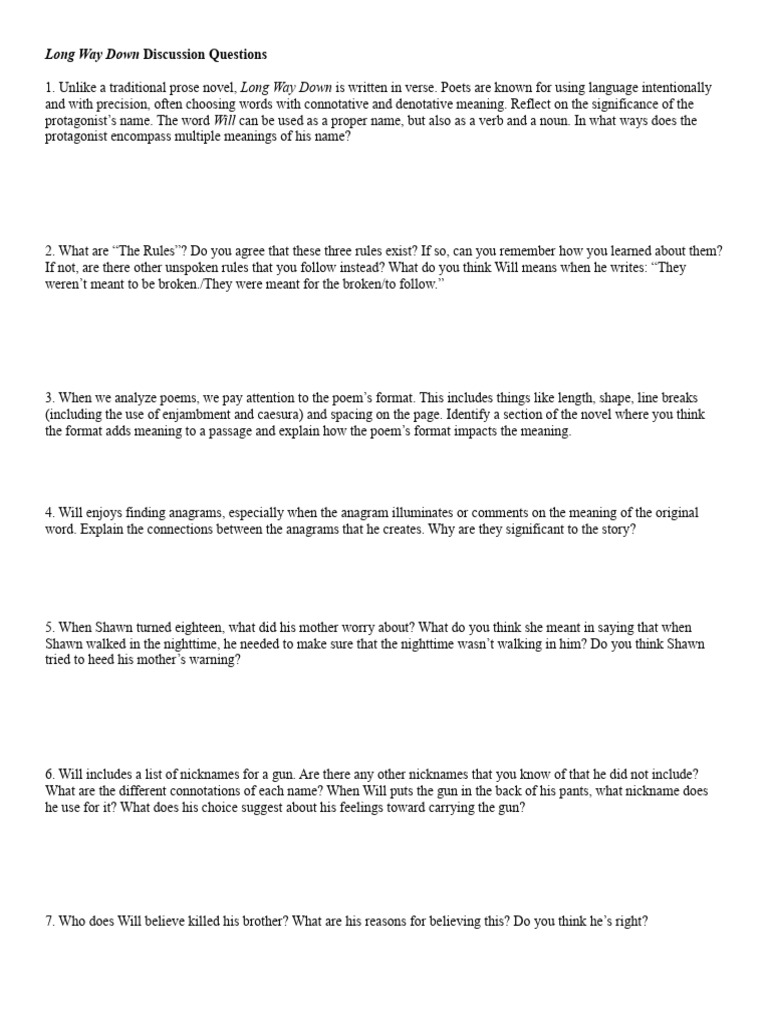Long Way Down Discussion Questions | PDF