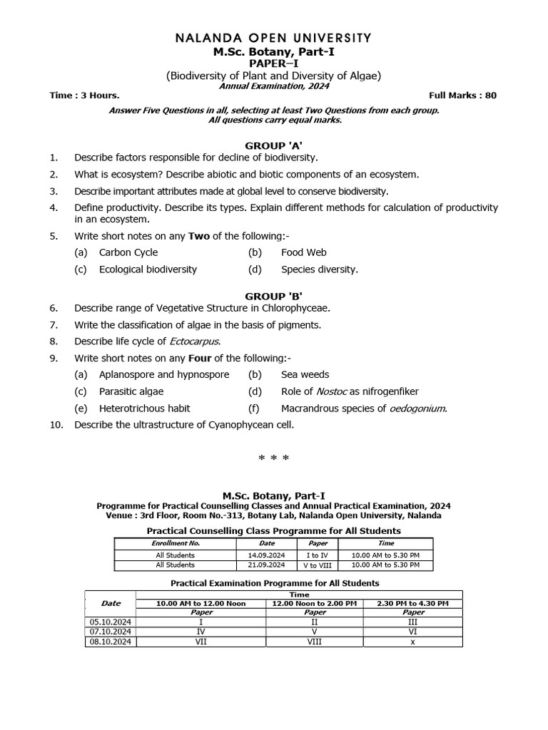 M.Sc. Botany Exam Papers 2024 | PDF | Dna | Gene