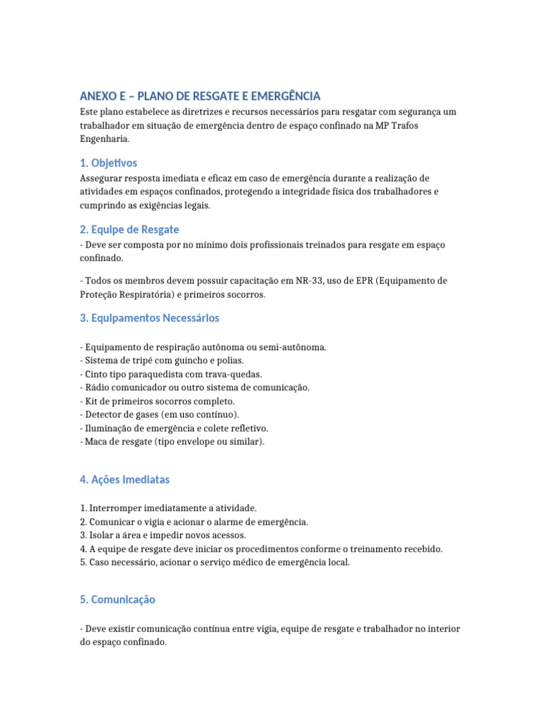 Anexo e - Plano de Resgate e Emergência | PDF