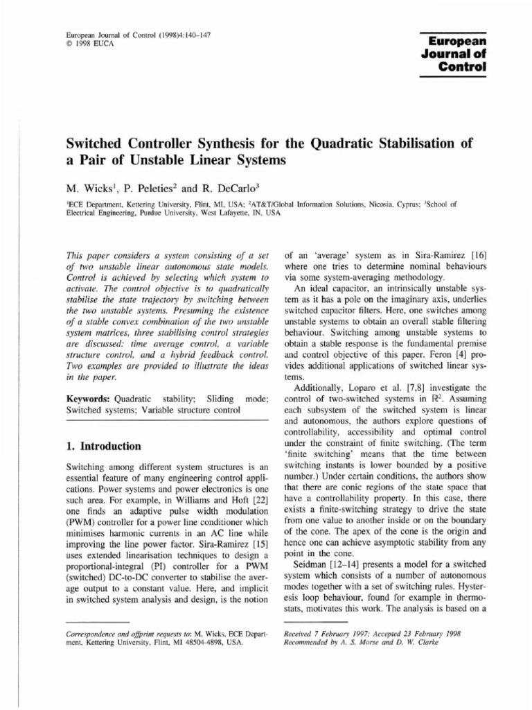 M. Wicks 1998 Switched Controller Synthesis For The Quadratic Stabilisation | PDF | Matrix ...