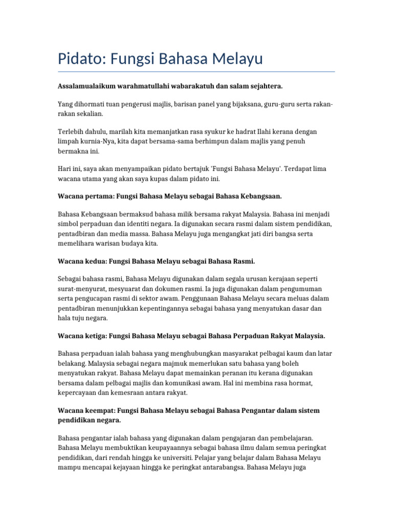Teks Pidato Penuh Fungsi Bahasa Melayu | PDF