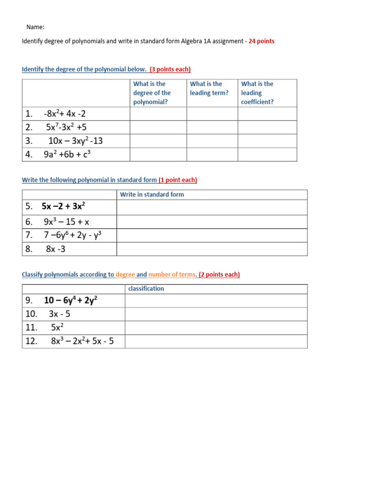 Identify Degree of Polynomials and Write in Standard Form Algebra 1A ...