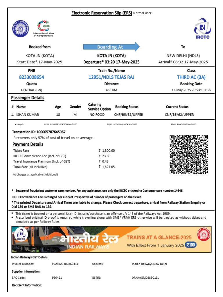 12951/Ndls Tejas Raj Third Ac (3A) | PDF | Identity Document