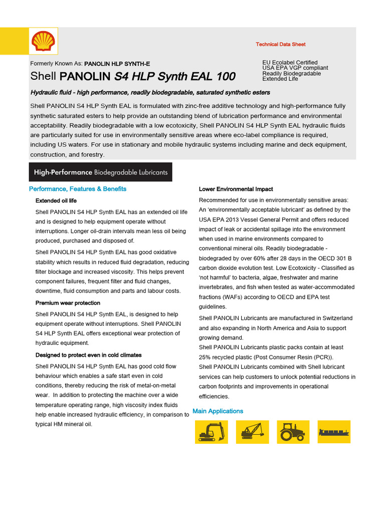 Shell PANOLIN S4 HLP Synth EAL 100 Data | PDF | Lubricant | Biodegradation