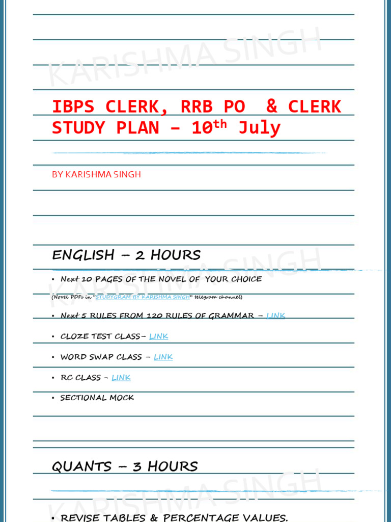 RRB Po & Clerk Study Plan 10th July-1 | PDF